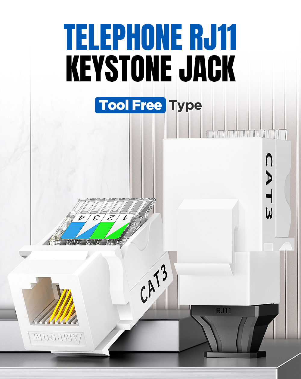 AMPCOM Punch Down Keystone, 5/10 Pack Tool-Free Telephone Module RJ11 ...