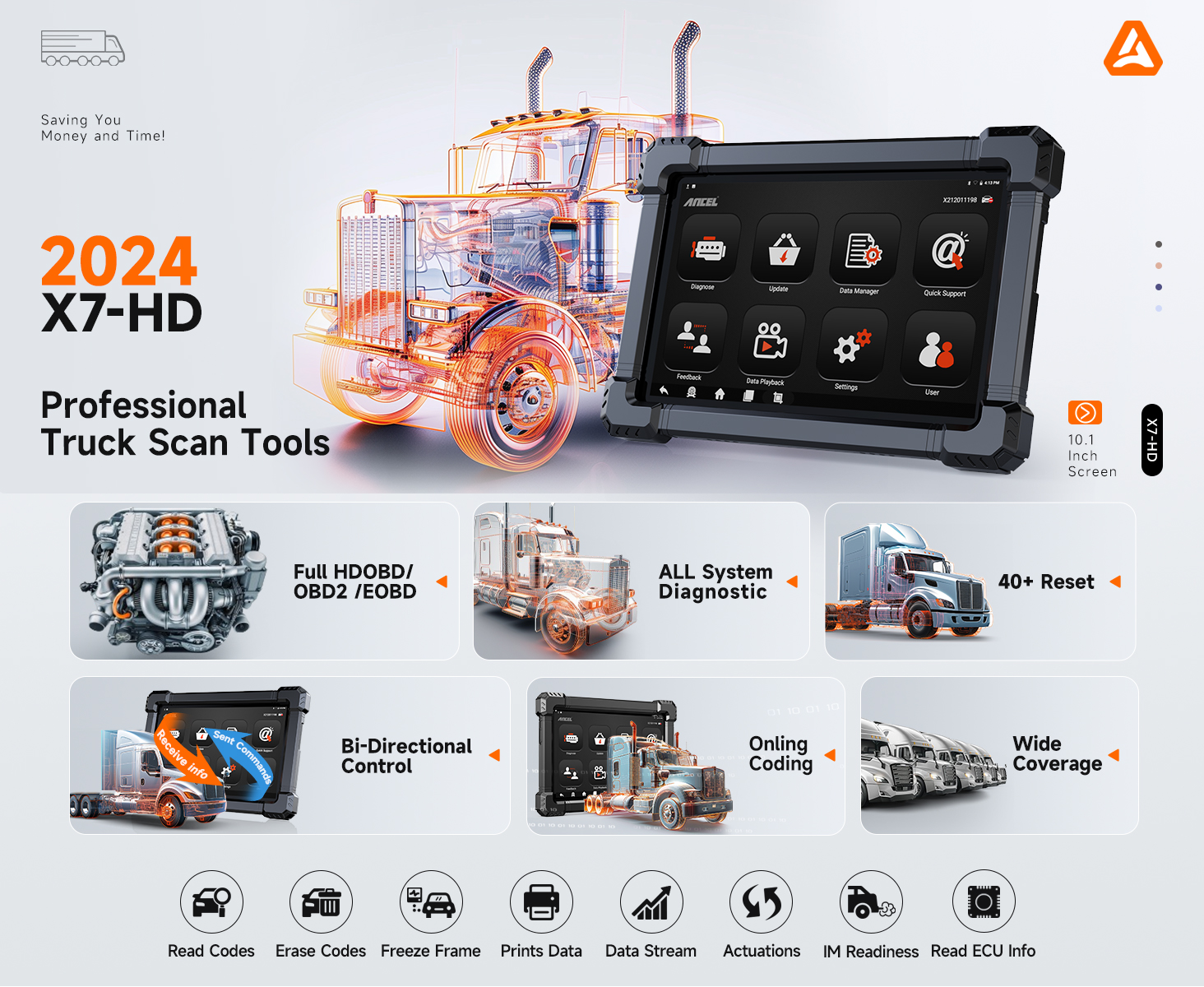 ANCEL X7 HD 12V 24V Original OBD2 Scanner Full System Truck Diagnostic ...