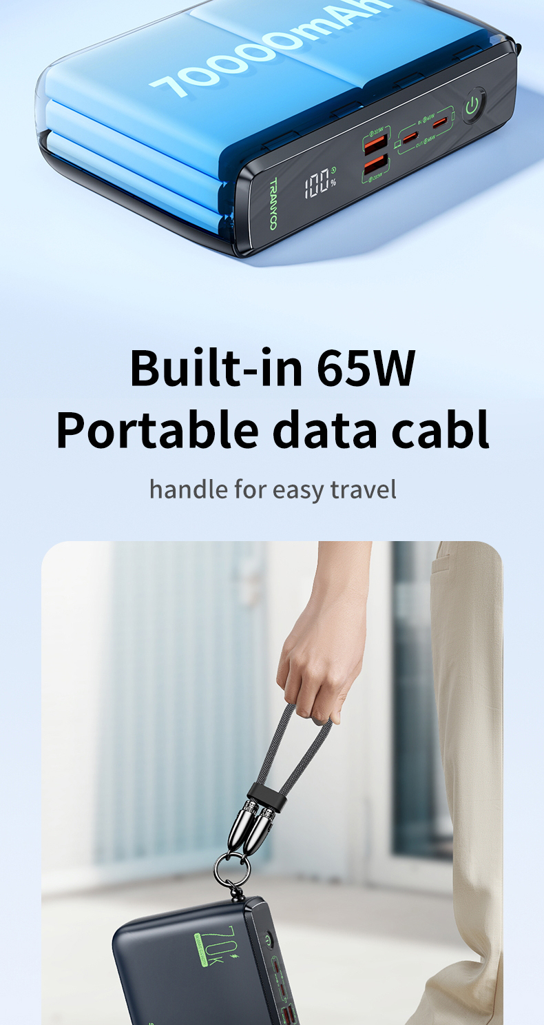 Tranyoo L7 70000mAh 65W Powerbank Original Super Fast Charging A Laptop Portable data cable 65W ...