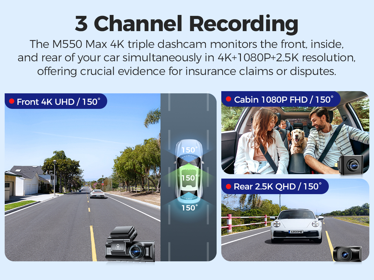 AZDOME M550 MAX True 4K 3 Channel Dash Cam for Car with WiFi GPS 3.19 ...