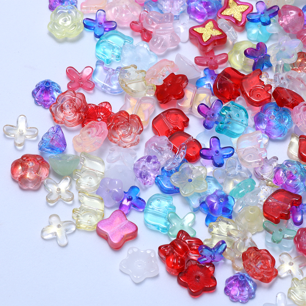 20PCS Bow Glass Loose Beads Random Color Transparent Colored Flower ...