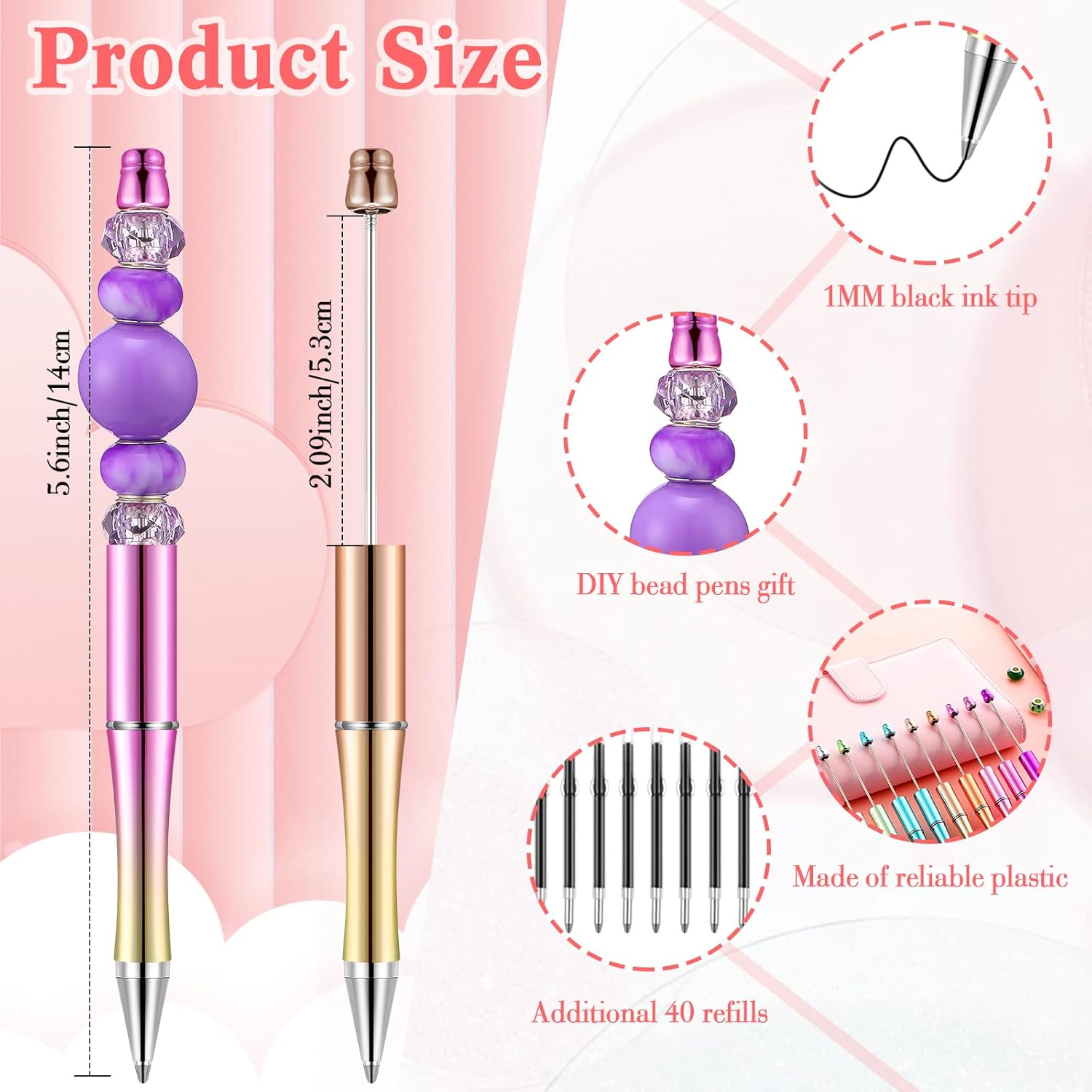 20 Pcs Beadable Pens,plastic Bead Pen Bulk Colored,black Ink Beaded ...