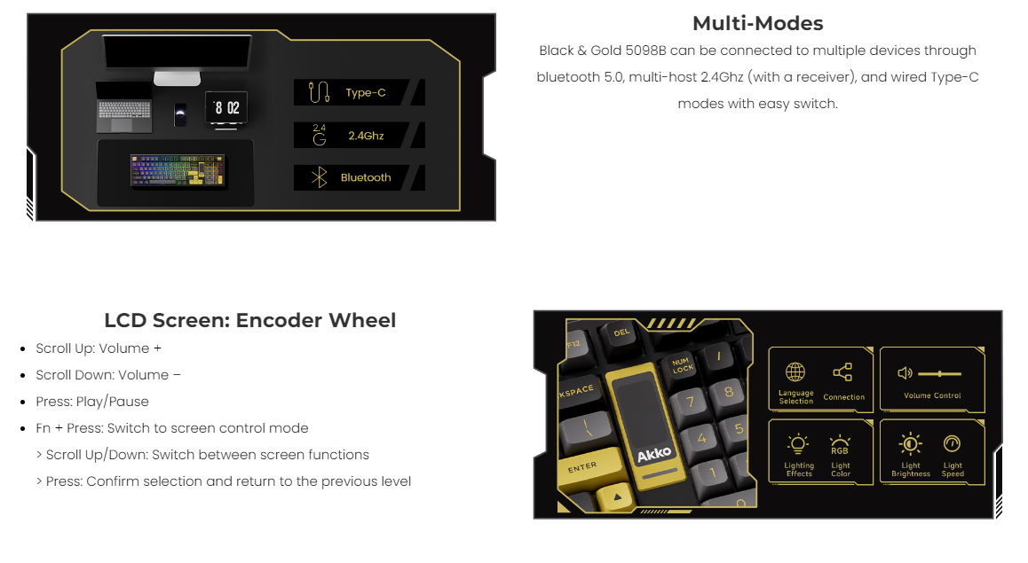 Akko Black & Gold 5098B Wireless Mechanical Keyboard, First with LCD ...
