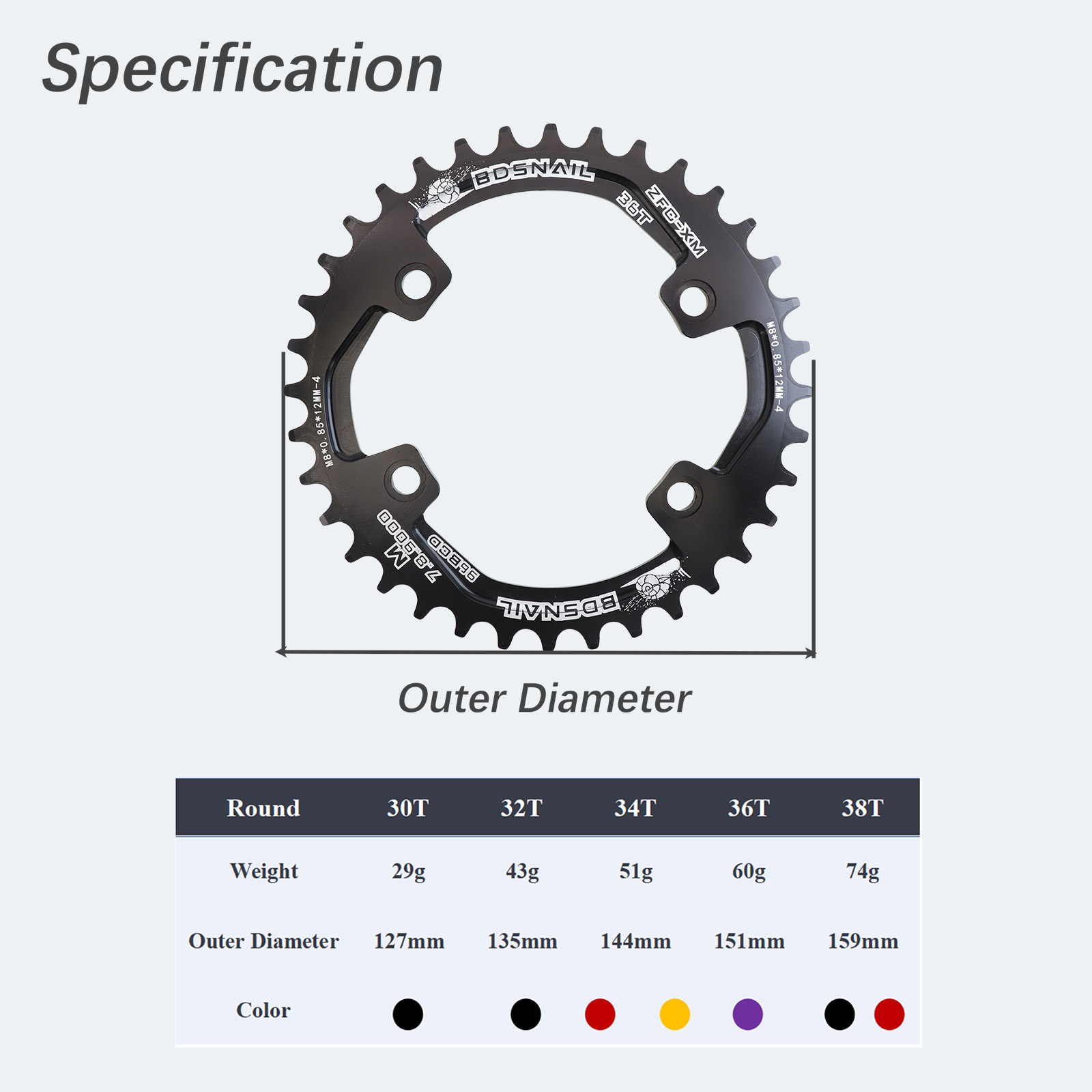 Snail Bike Chainring Round 96BCD Asymmetrical for Shimano Deore M6000 SLX M7000 XT M8000 XTR ...