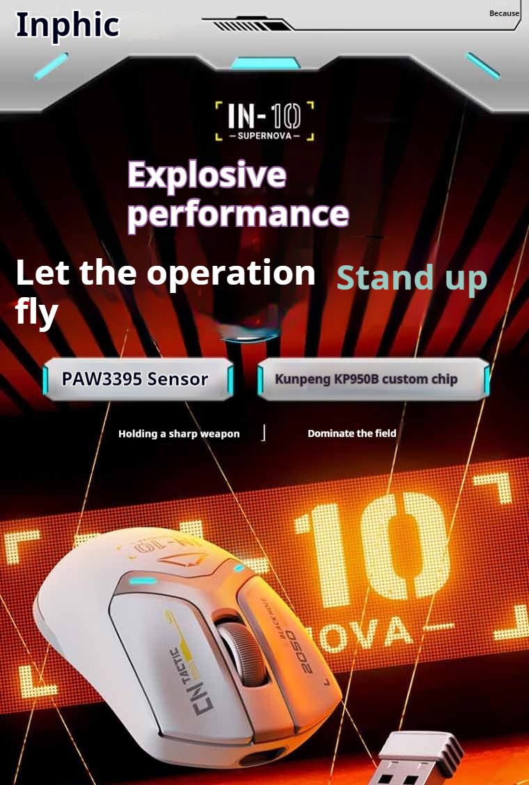 INPHIC IN10 three mode wireless game mouse, PAW3395, 8K return rate, 26000DPI, lightweight 60g ...