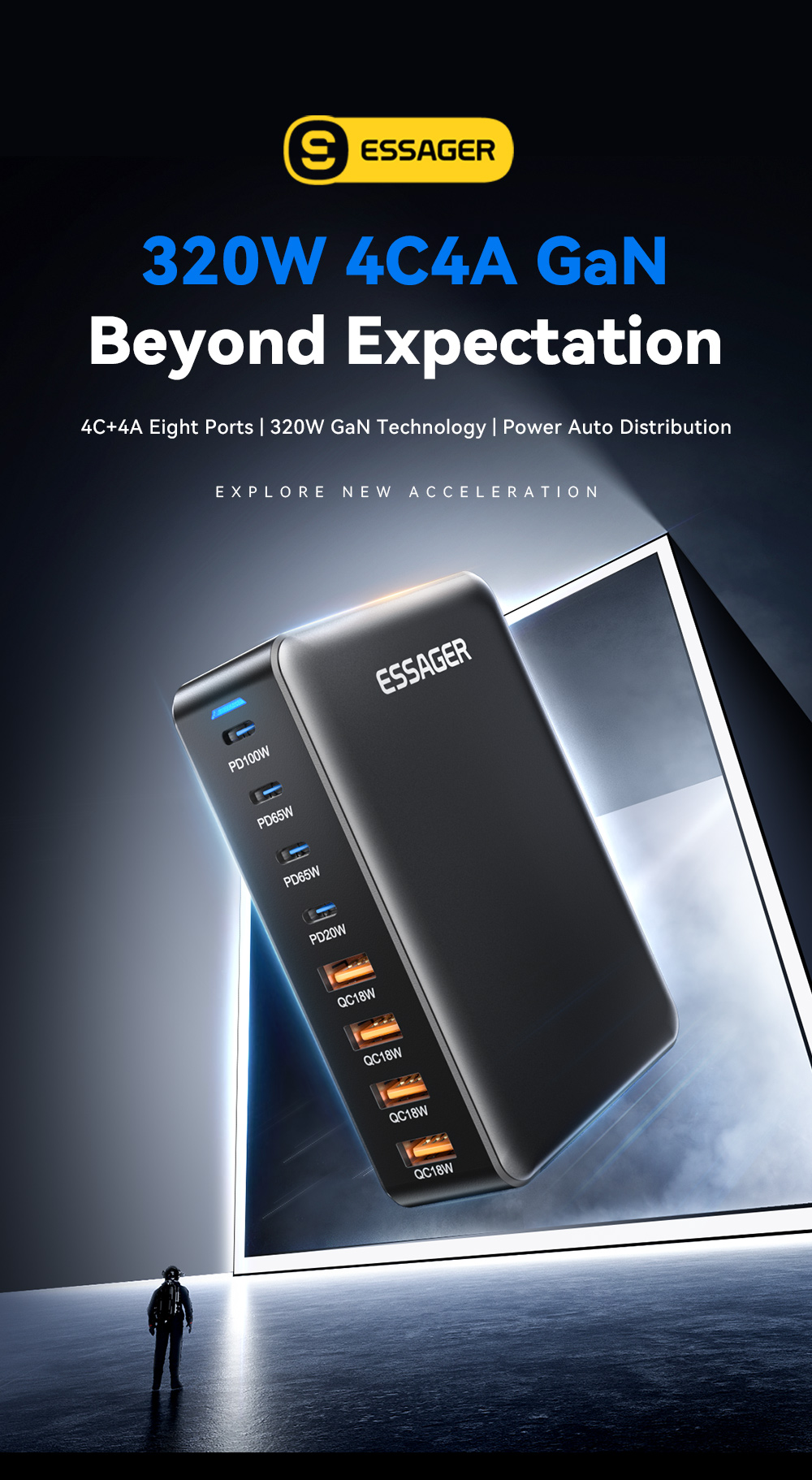 ESSAGER 320W GaN Charger 4A+4C Port Adapter Fast Charging Support PPS ...