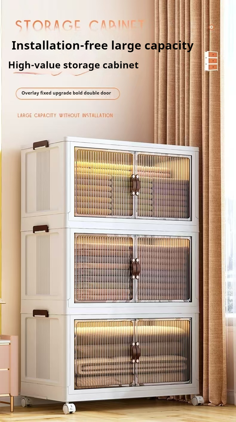 Foldable Storage Cabinet Double Doors Plastic Pantry Cabinet Organizer ...