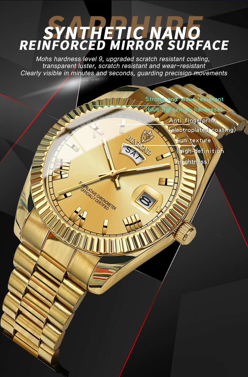 BINBOND Gold Watch For Men Waterproof Original Relo Calendar Stainless ...