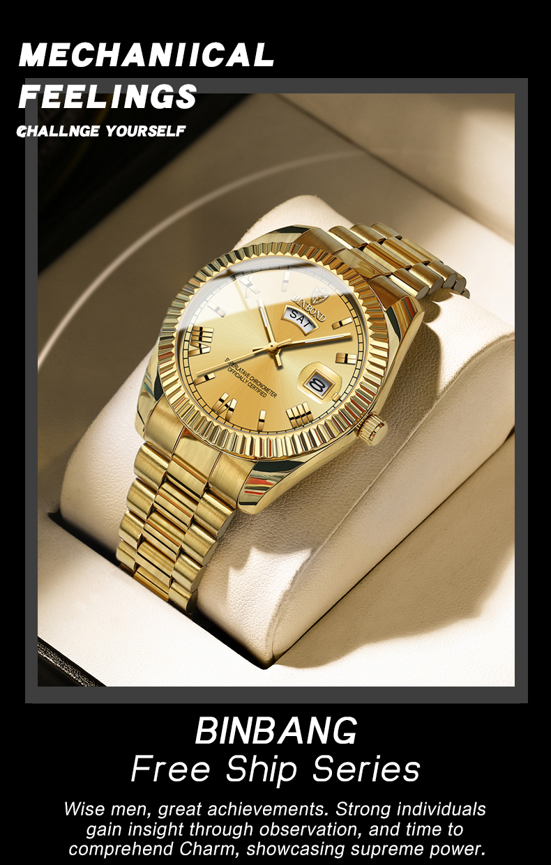 BINBOND Gold Watch For Men Waterproof Original Relo Calendar Stainless ...