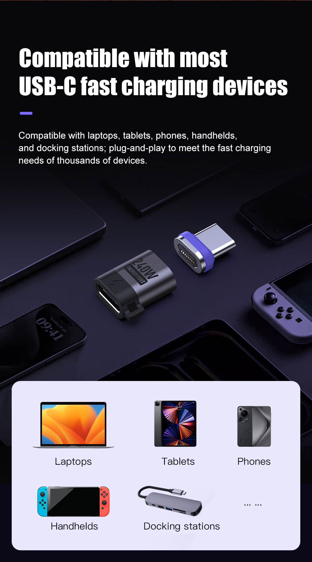 240W Magnetic Type C Adapter Fast Charging Connector 480Mbps Data ...