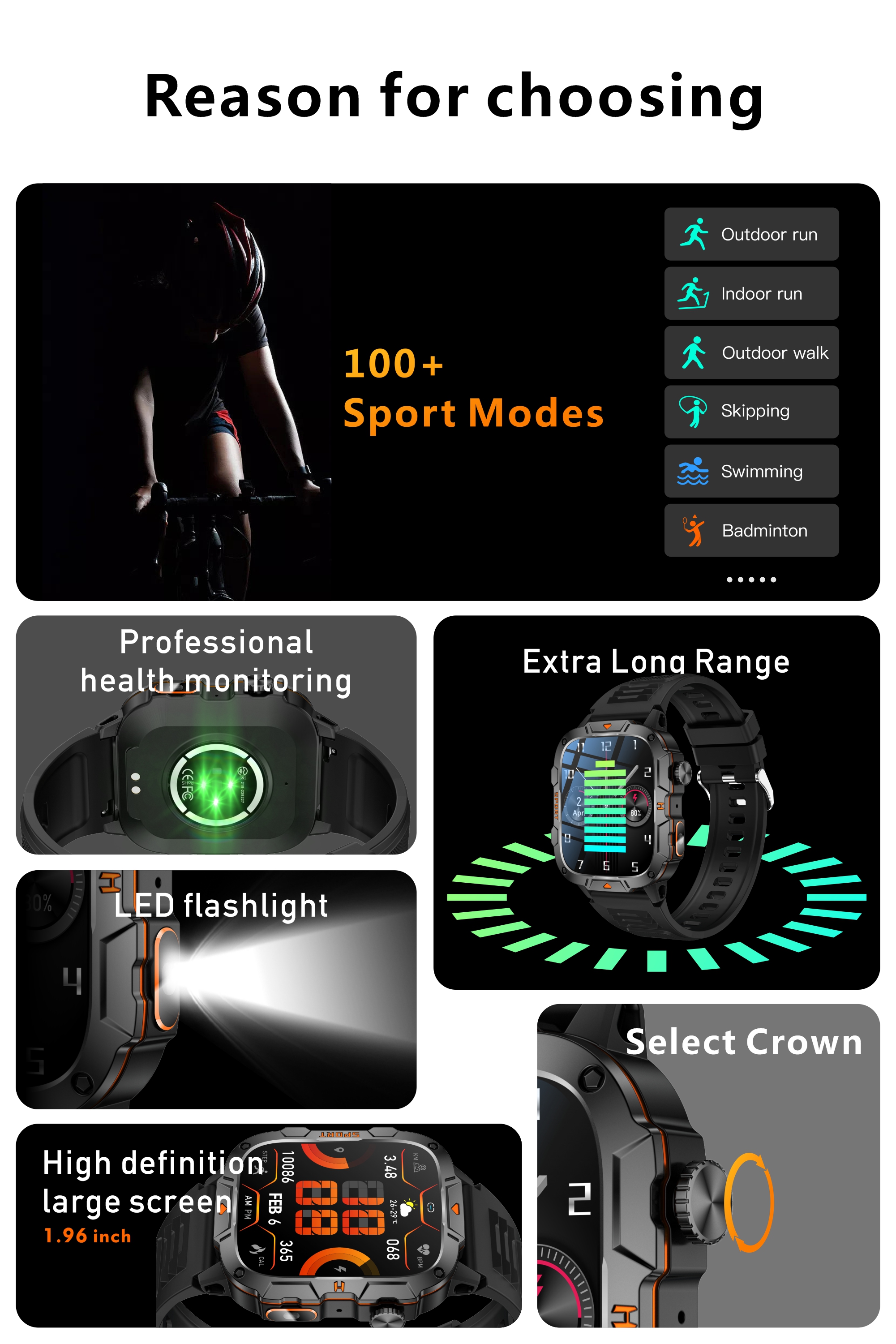 LIGE Smart Watch Men Waterproof LED Flashlight 100+ Sports Blood ...