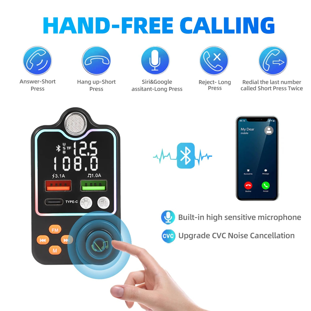 ACTIONOK Bluetooth 5.0 Car Charger Dual USB Type C Quick Charge Hands ...