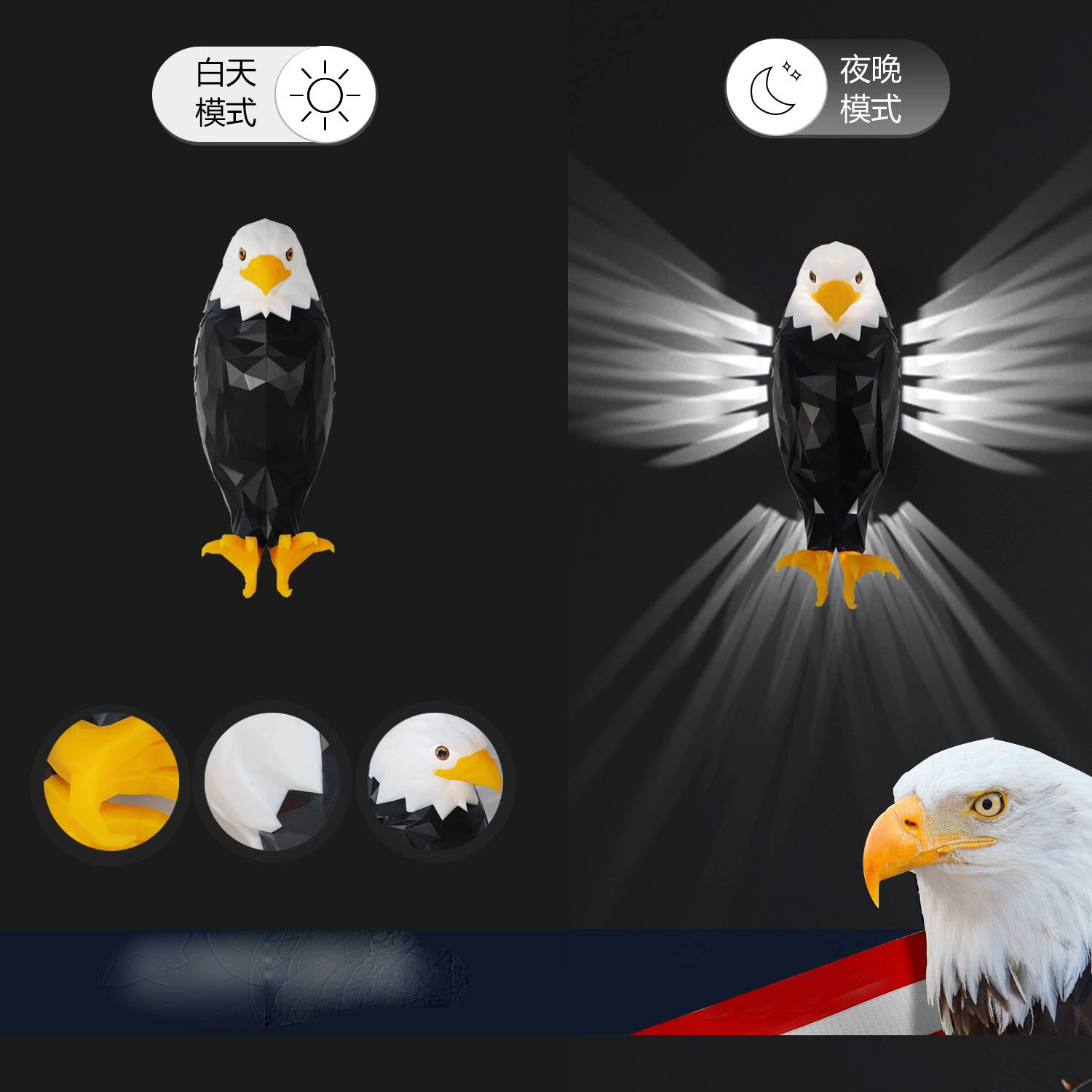 Wall Mounted Magnetic LED Eagle Light with Remote Control, USB Charging ...