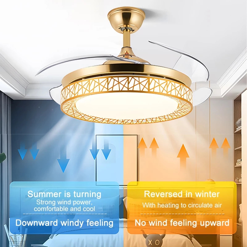 LED ceiling fan with light 42 inch 6-speed variable frequency invisible ...