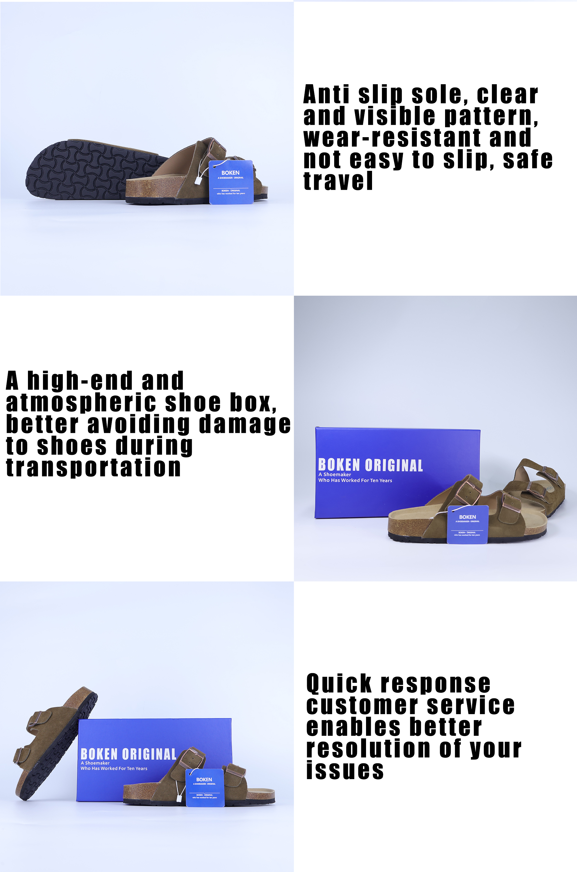 BOKEN Men Sandals Outdoor Beach Slippers Flat Soft Cork Clogs Two-Strap ...