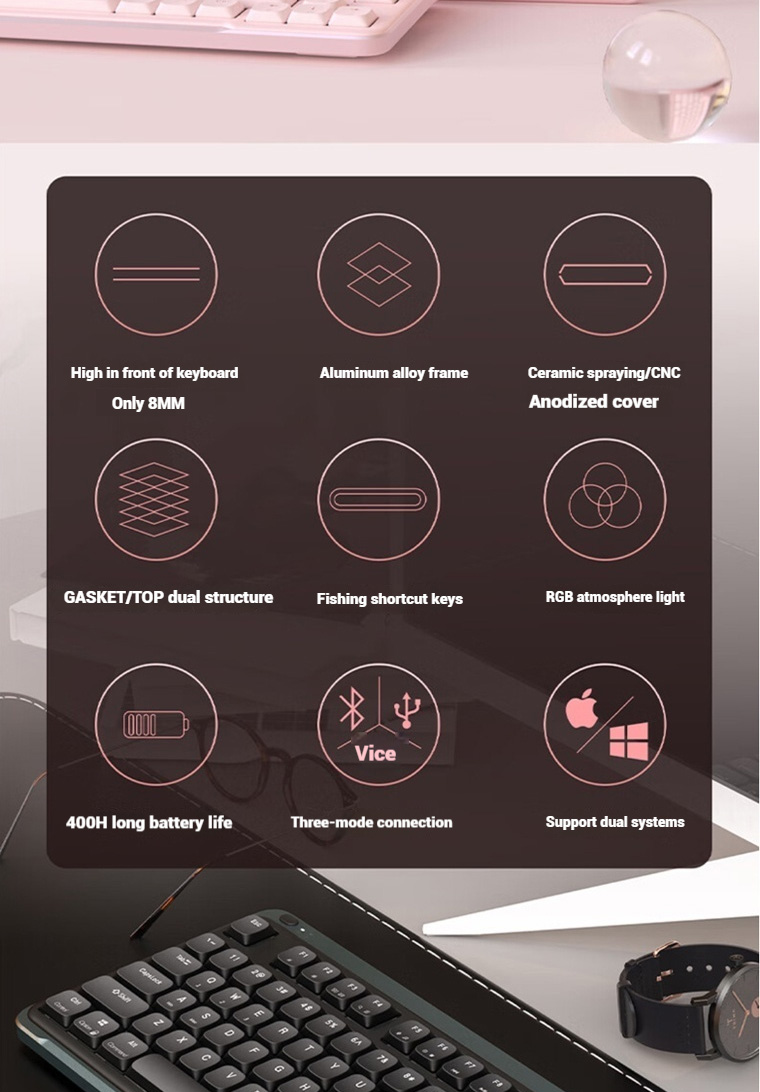 KZZI i75 low axis three mode mechanical office gaming keyboard Aluminum ...