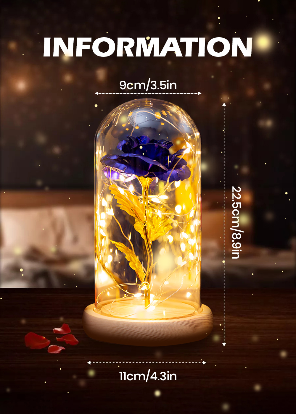 LED Light Rose In Glass Dome On Wooden Base Artificial Flower Lamp ...