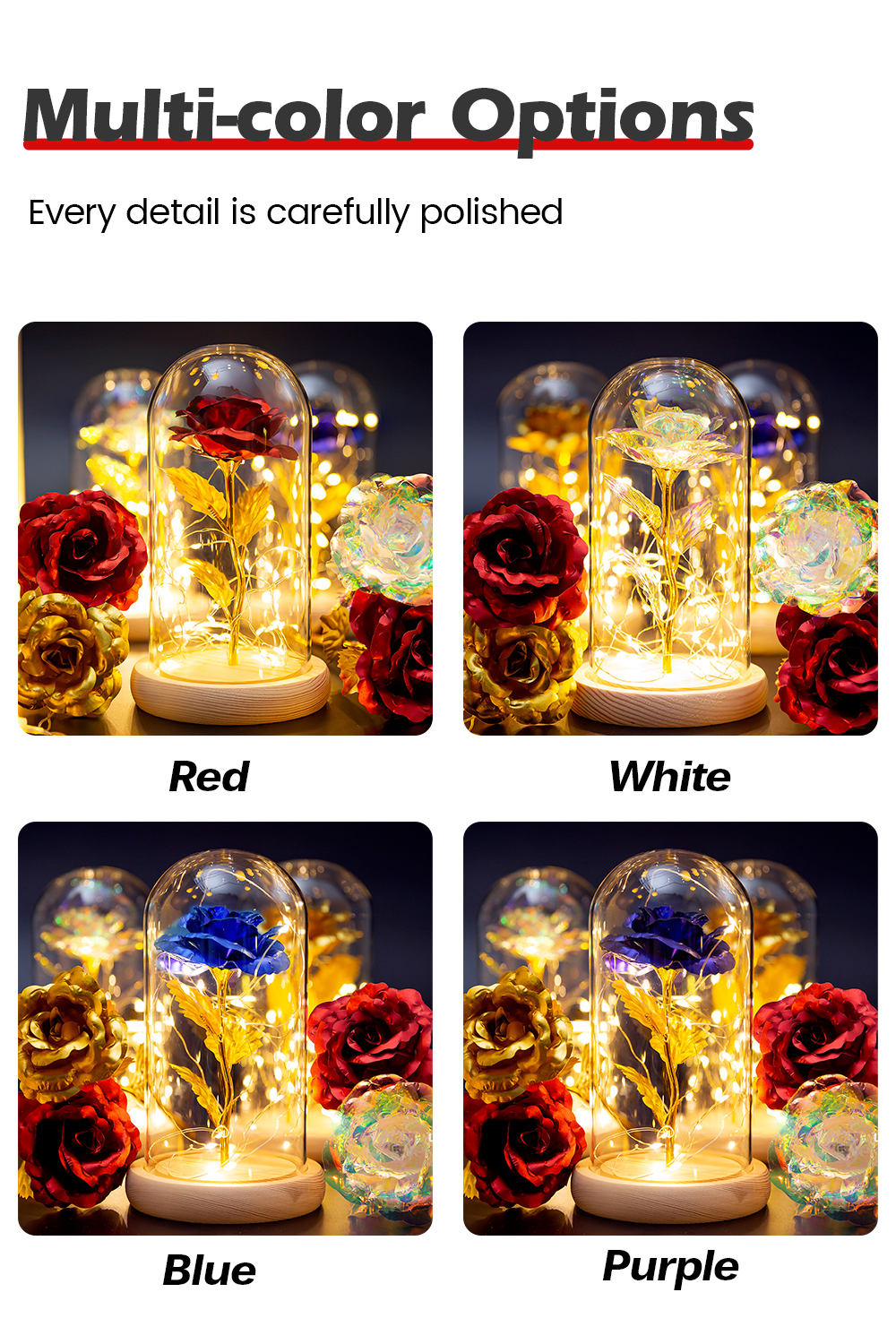 LED Light Rose In Glass Dome On Wooden Base Artificial Flower Lamp ...
