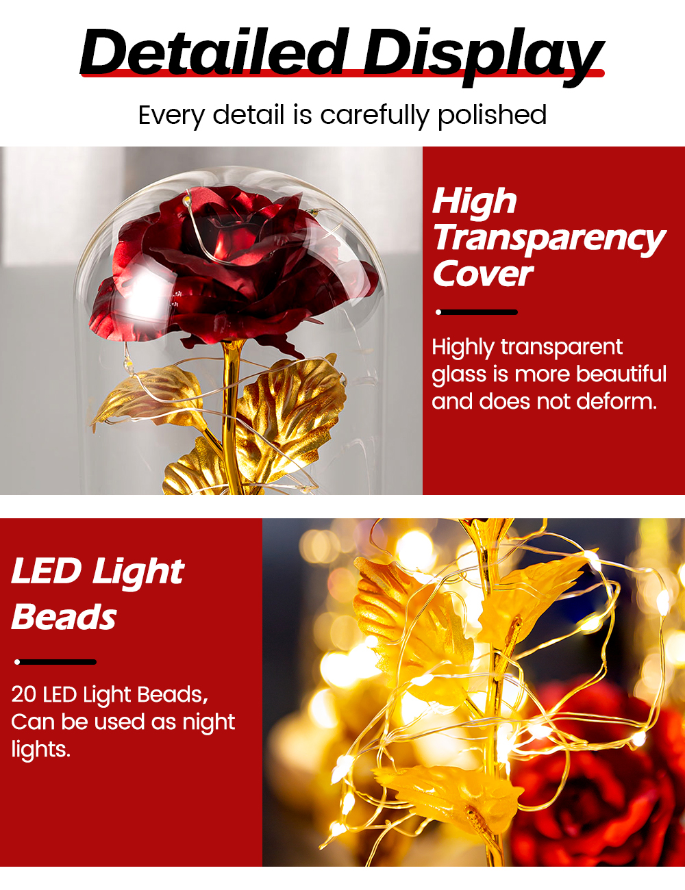 LED Light Rose In Glass Dome On Wooden Base Artificial Flower Lamp ...