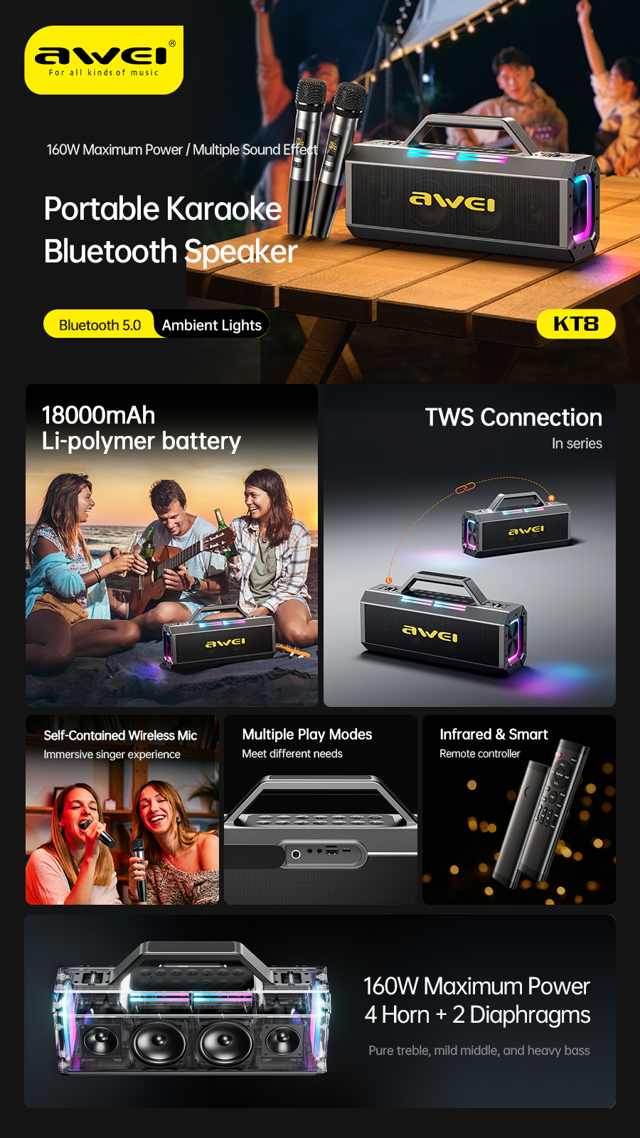 Awei KT8 Portable Speaker Bluetooth Bass Original Outdoor 18000mAh ...