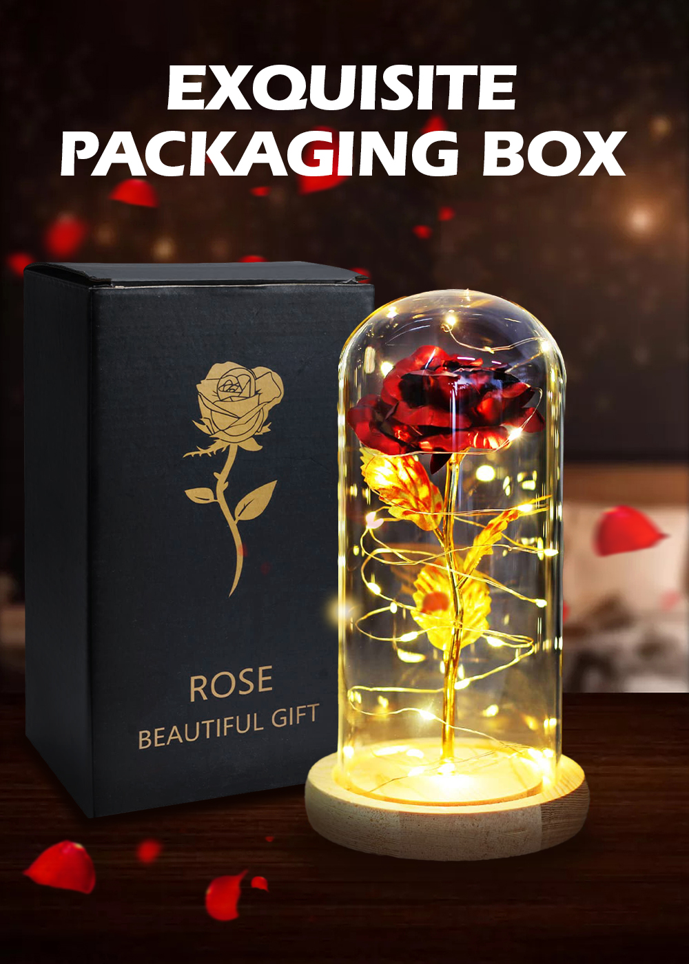 LED Light Rose In Glass Dome On Wooden Base Artificial Flower Lamp ...