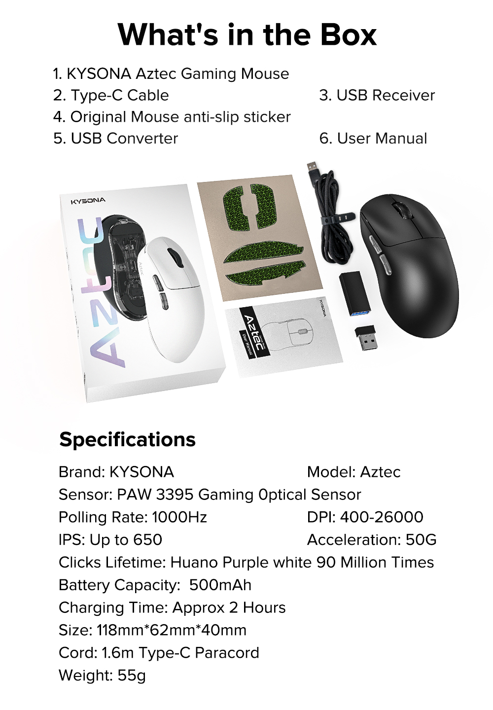 KYSONA Aztec Gaming Mouse Wireless PAW3395 Max 26000 DPI Lightweight ...