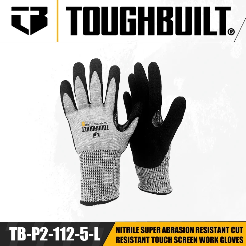 TOUGHBUILT TB-P2-112-5-L Nitrile Super Abrasion Resistant Cut Resistant Touch Screen Work Gloves ...