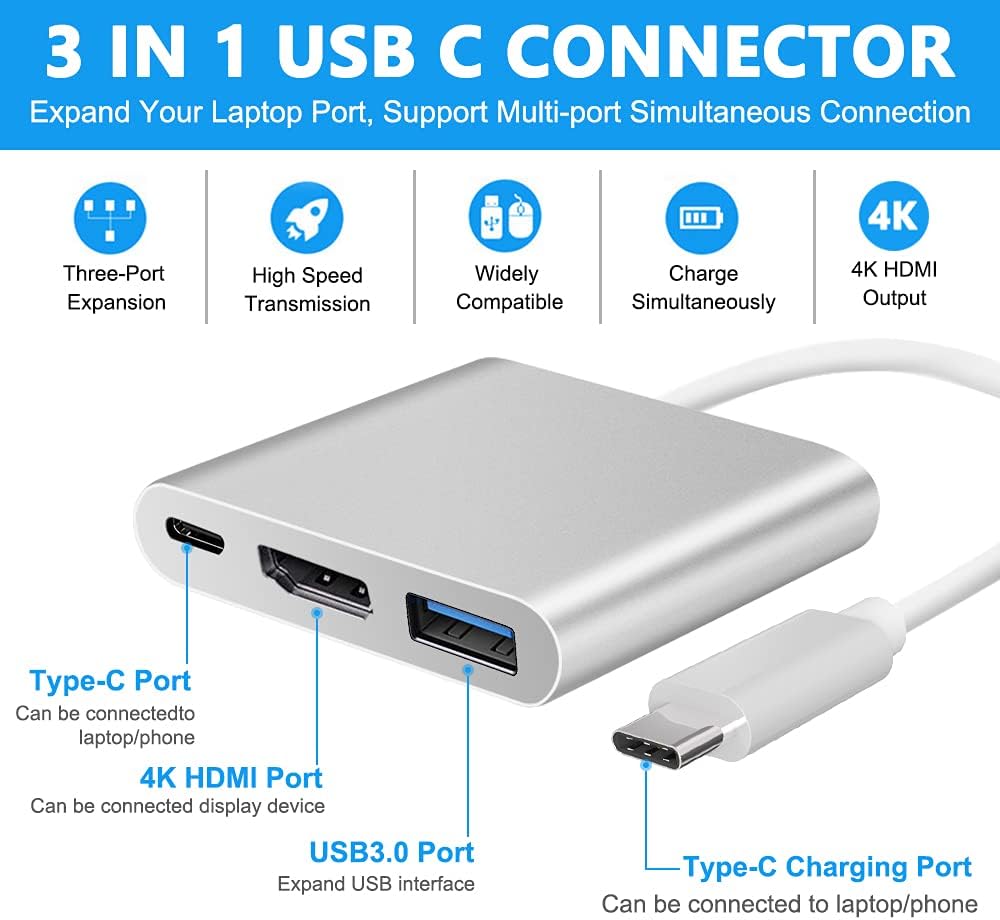 Type C to USB Adapter HDMI Multiport Hub to 4K 3.0 Charging Port ...