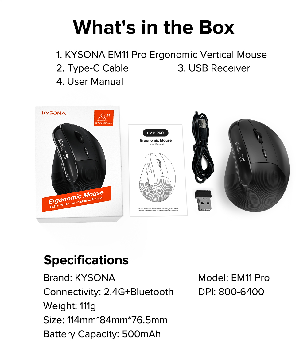 KYSONA EM11 Pro Ergonomic Mouse Wireless Vertical Design OLED Screen ...