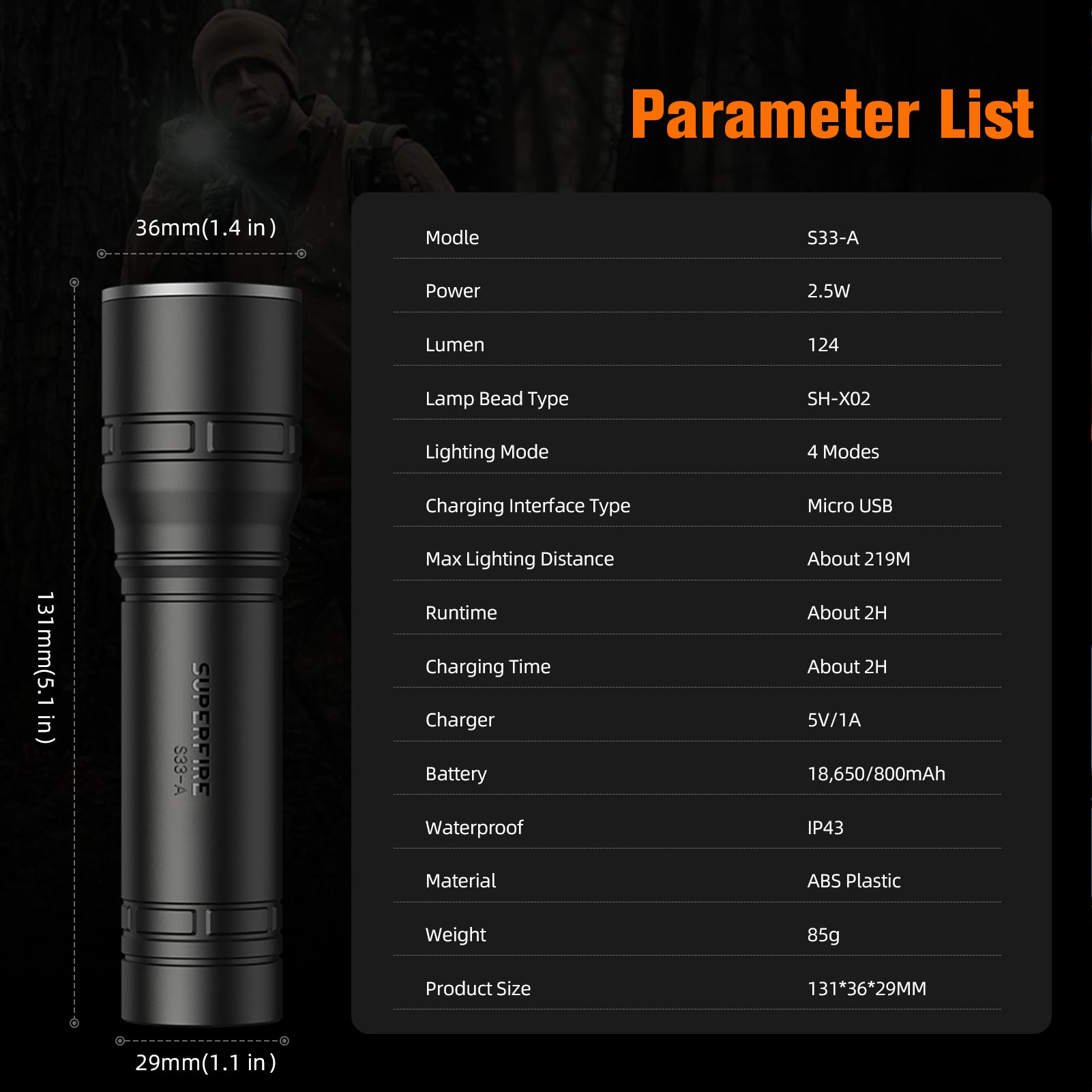 SUPERFIRE S33-A 2.5W Mini Flash Light Super Flashlight LED Bright Camping Light Waterproof Built ...