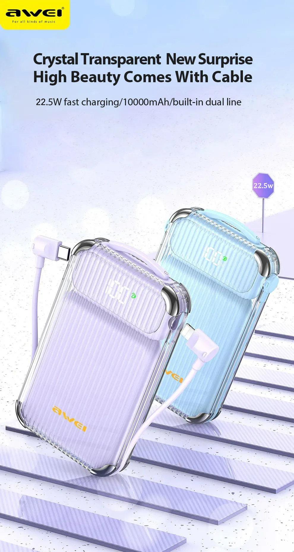 Awei P89K Powerbank 10000mah Fast Charging 22.5W Built-in Dual Line ...