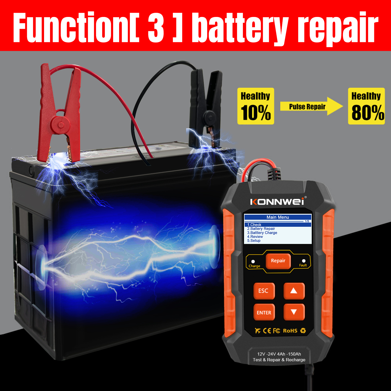 KONNWEI KW520 3 in 1 Car Motorcycle Truck Battery Tester & Charger ...