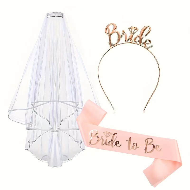 3pcs Bride To Be Satin Sash Rose Gold Veil Hiarband tattoo sticker ...