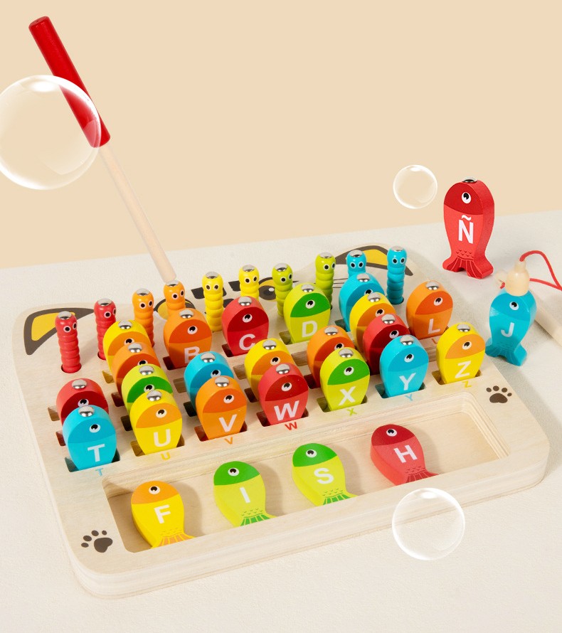 Magnetic Wooden Fishing Game Toy for Toddlers, Alphabet Fish Catching ...