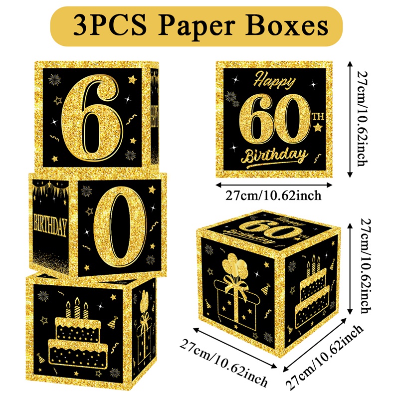 3pcs 60th Birthday Decoration Box Cardboard Black Golden Happy Birthday ...