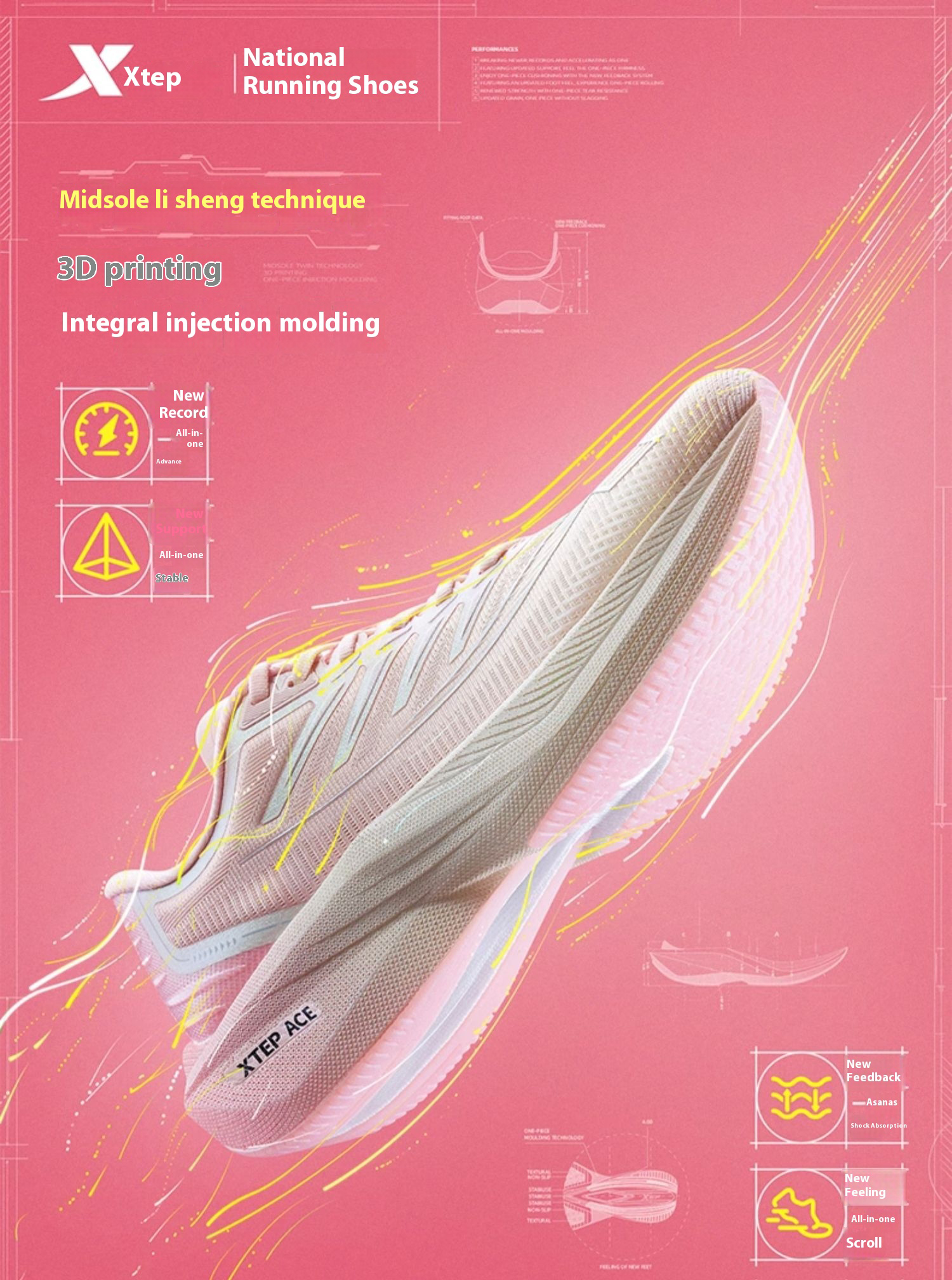 XTEP One Piece Model Women Running Shoes 3D Printing Rebound Wear ...