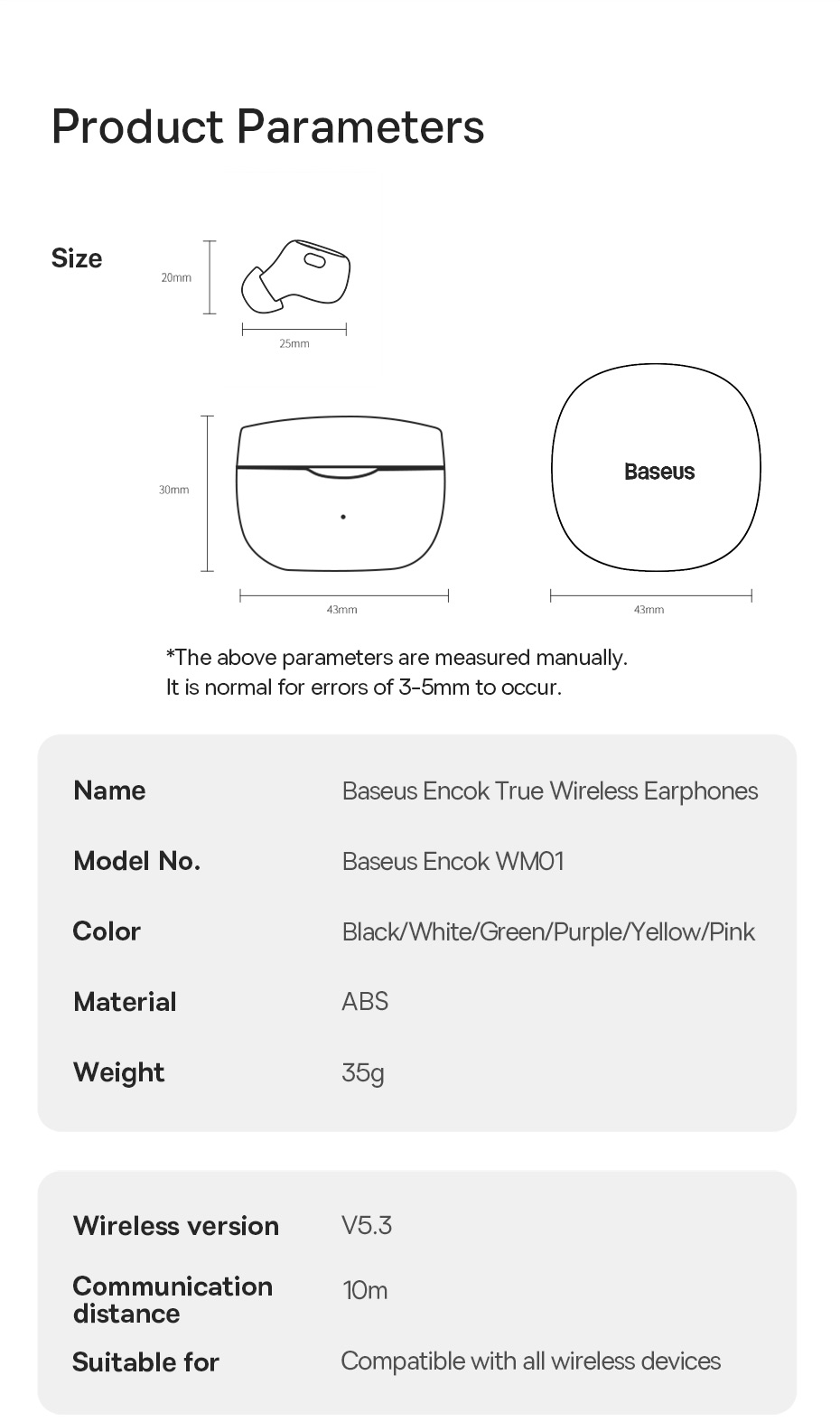 Baseus WM01 TWS Bluetooth Earphones Stereo Wireless 5.3 Bluetooth ...