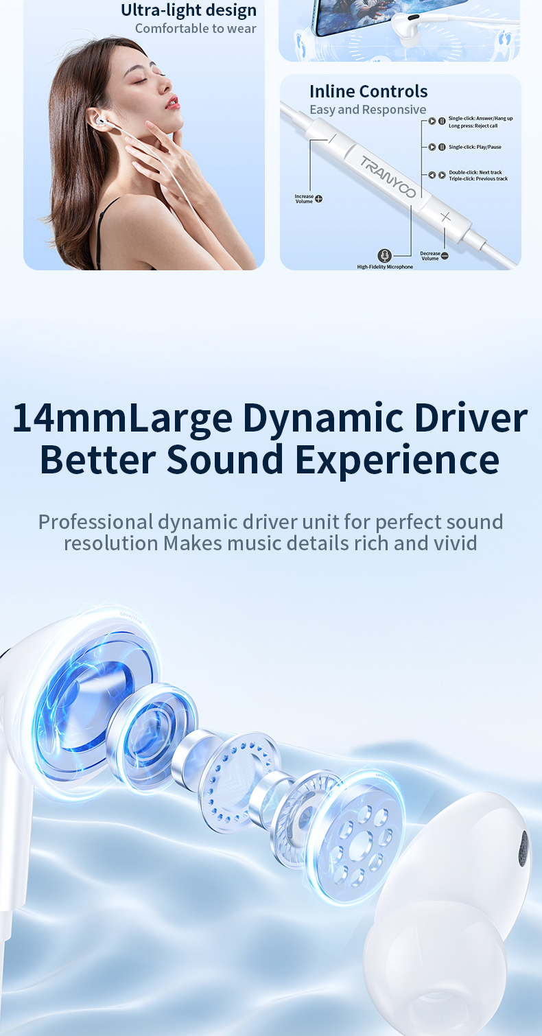 Tranyoo R15 Wired Headphones Earbud Type Noise Reduction HIFI Headset 3.5mm Type C iPh Earphones ...