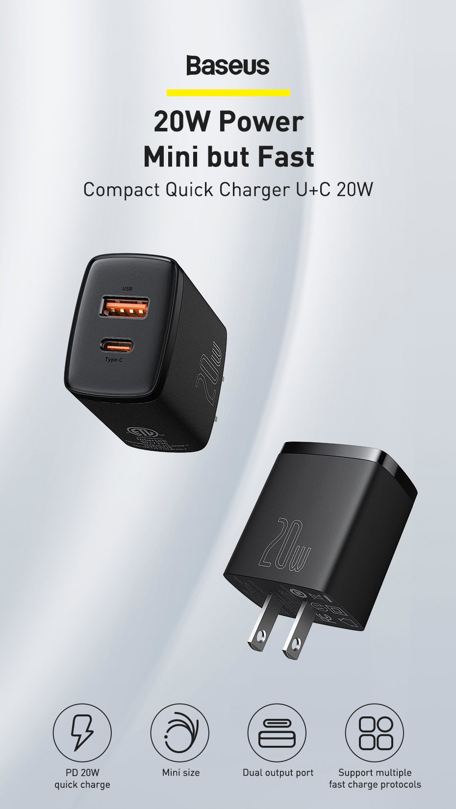 Baseus 20W U+C Quick Charger Support PD3.0 QC3.0 USB Type-c Charger for i13 Tablet Huawei Mate ...
