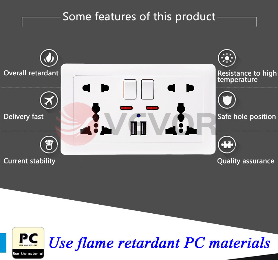 Power Socket Plug Outlet With Switch Power Socket Wall Mount With USB ...