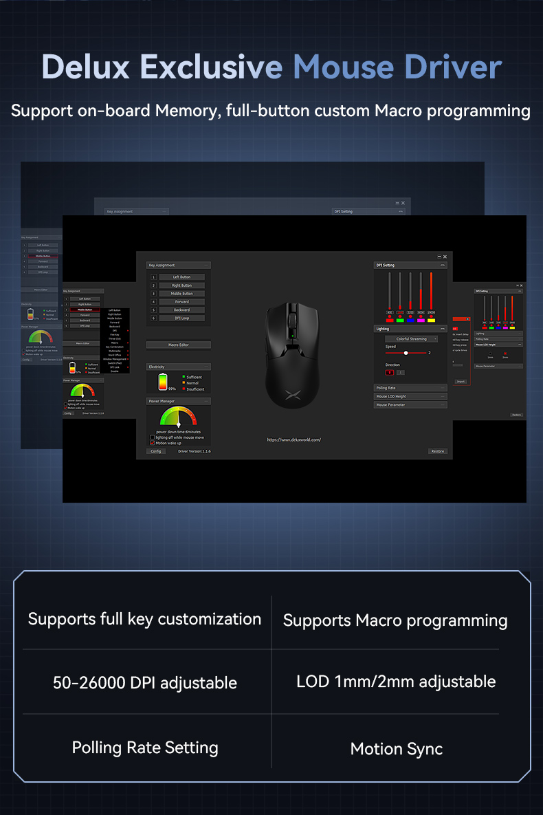 DELUX M800PRO PLUS PAW3395 8000Hz Rechargeable 400mAh up to 26000 DPI Lightweight 57g ...