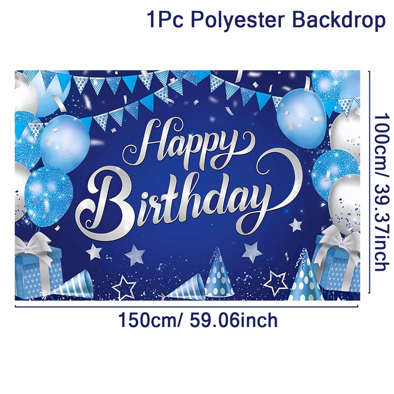 150*100cm Blue Silver Happy Birthday Backdrop Polyester Star Balloon Pattern Happy Birthday ...