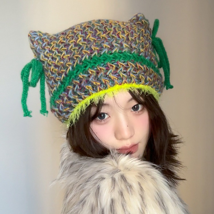 New Contrasting colors vintage beanies hat Fashion bini colet cap Bow ...