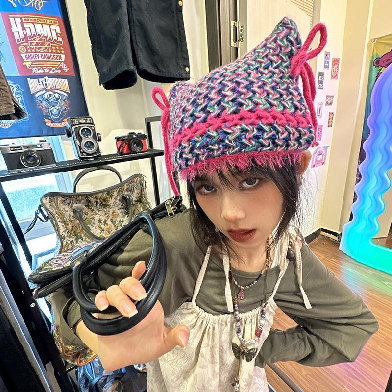 New Contrasting colors vintage beanies hat Fashion bini colet cap Bow ...