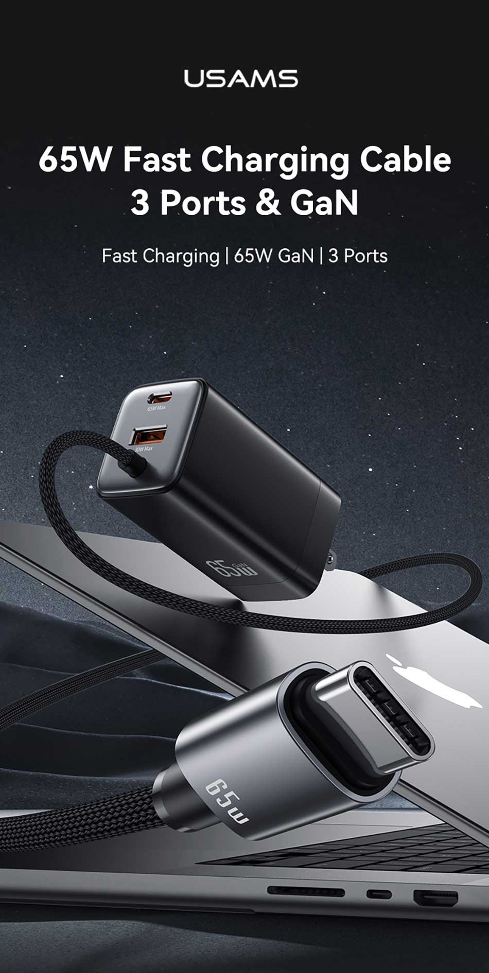 USAMS 65W GaN Fast Charger PD 3.0 QC4.0 USB Type C 3 Ports 2 USB C+U Quick Fast Charging With 1 ...