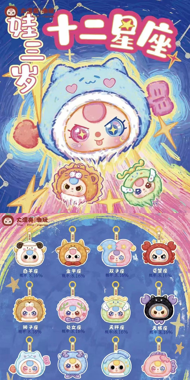 6Pcs Baby Three 12 Constellations Series Vinyl Face Blind Box Plush ...