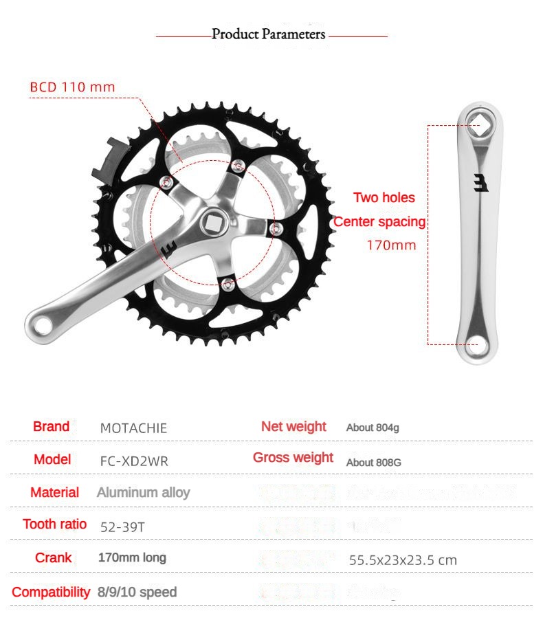 [COD]Bicycle Crankset 39T/52T 110BCD Square Hole Crank 170mm Five Claw Aluminum Alloy Road Bike ...