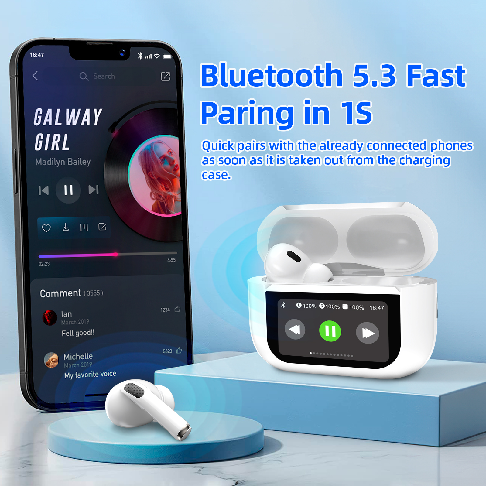 GOOJODOQ Screen Bluetooth Earphones with Microphone Wireless Earpods ...
