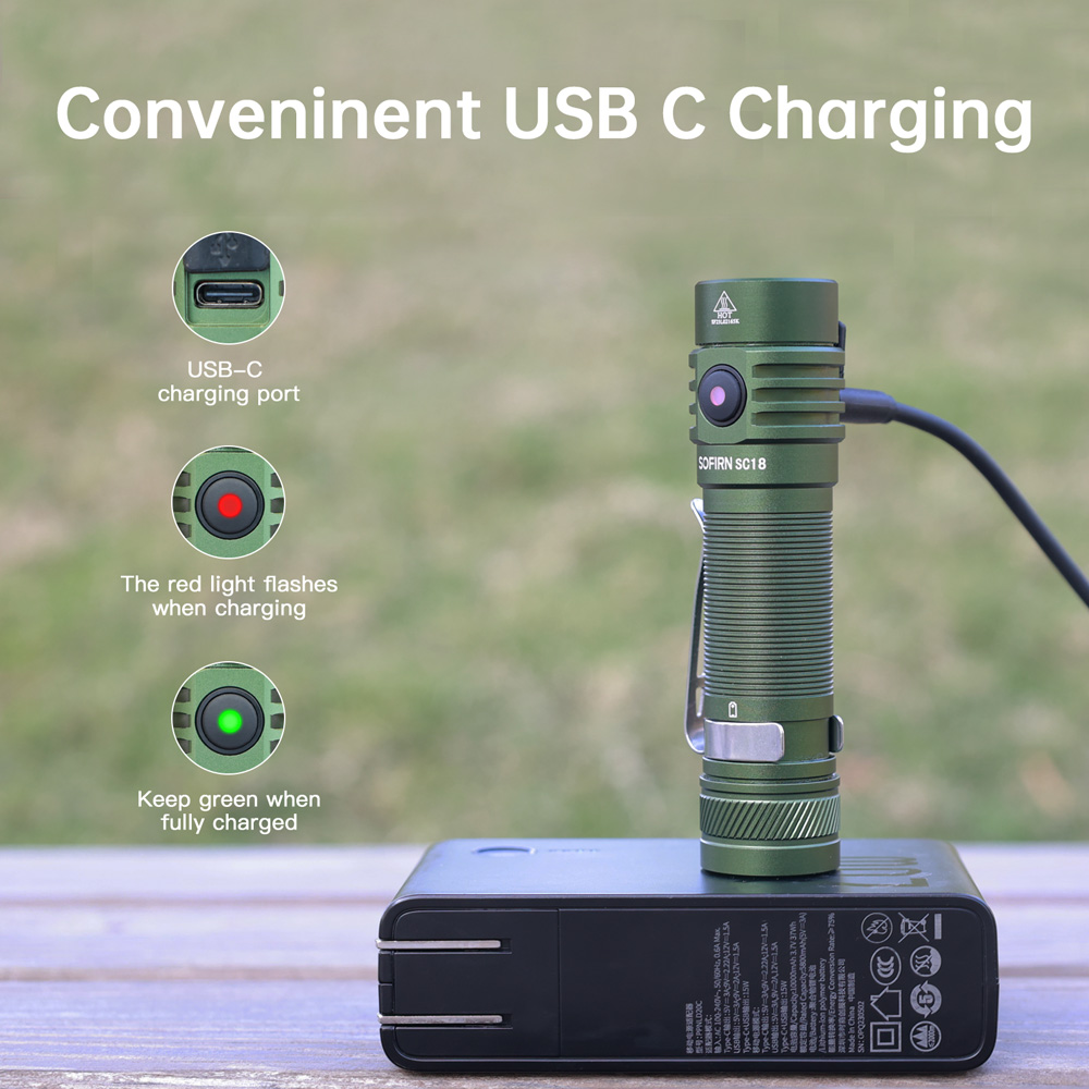 Sofirn Green SC18 USB Type C Rechargeable Flashlight, Super Bright ...
