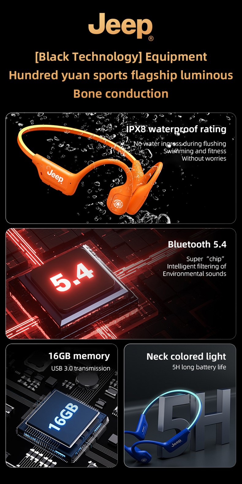 Jeep EC025 Bone Conduction Bluetooth 5.4 Earphones IPX8 Waterproof ...